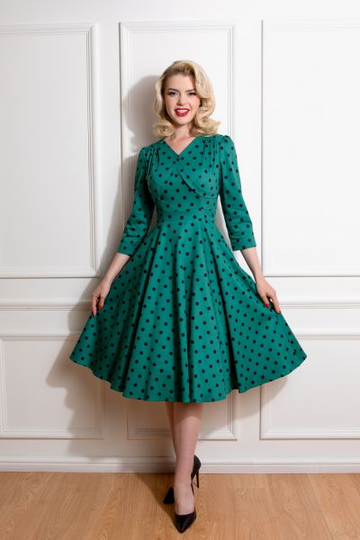Finley Polka Dot Swing Dress In Green Hearts And Roses London